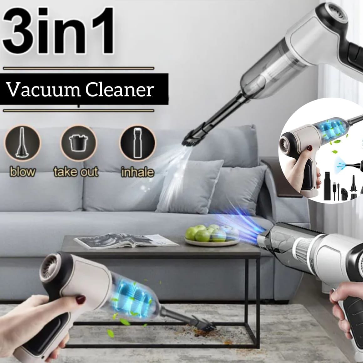 3 In 1 Portable Vacuum Cleaner Wireless Hand-held Cleaning For Car Hom ...